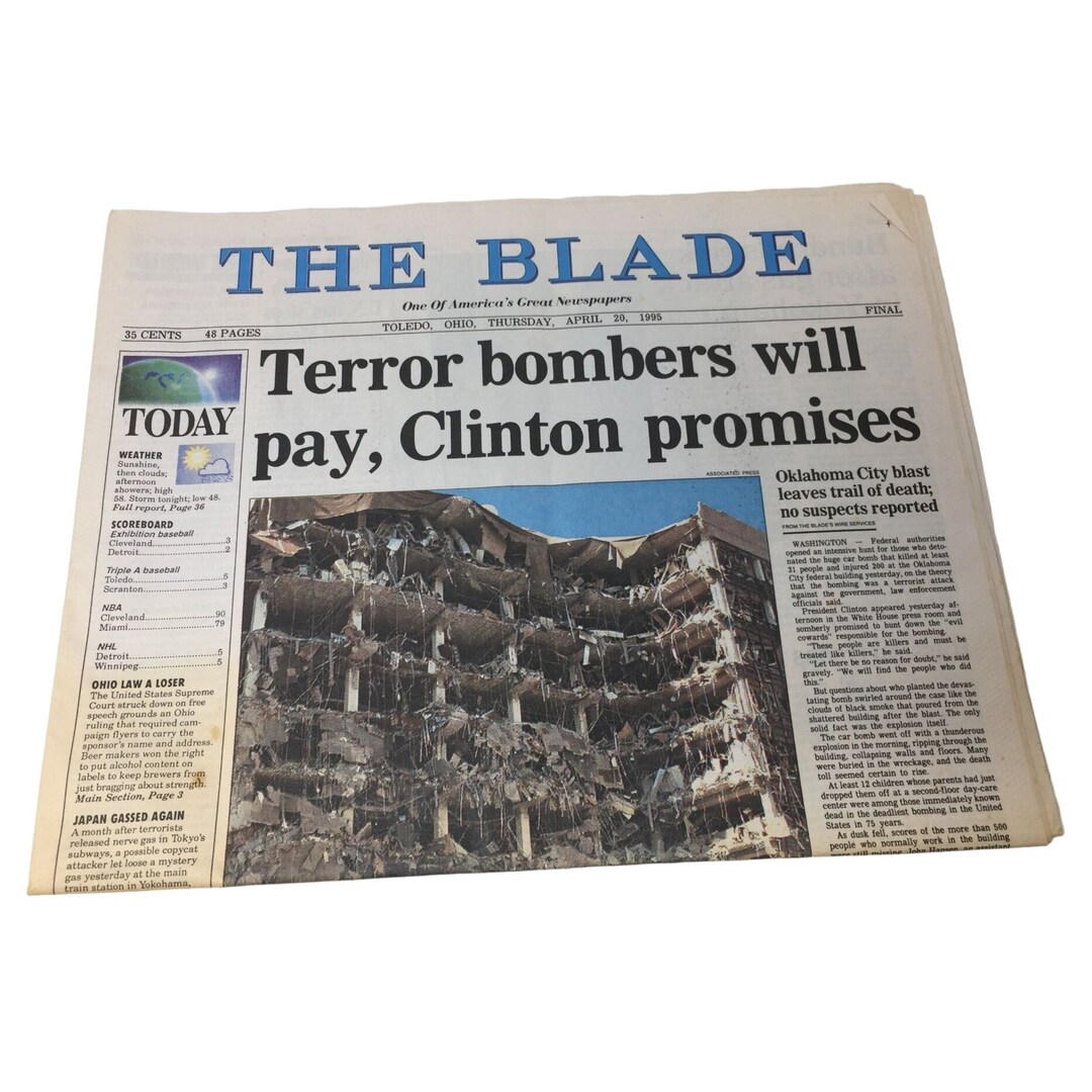The Blade Vintage Collectible Newspaper April 20, 1995 terror Bombers ...