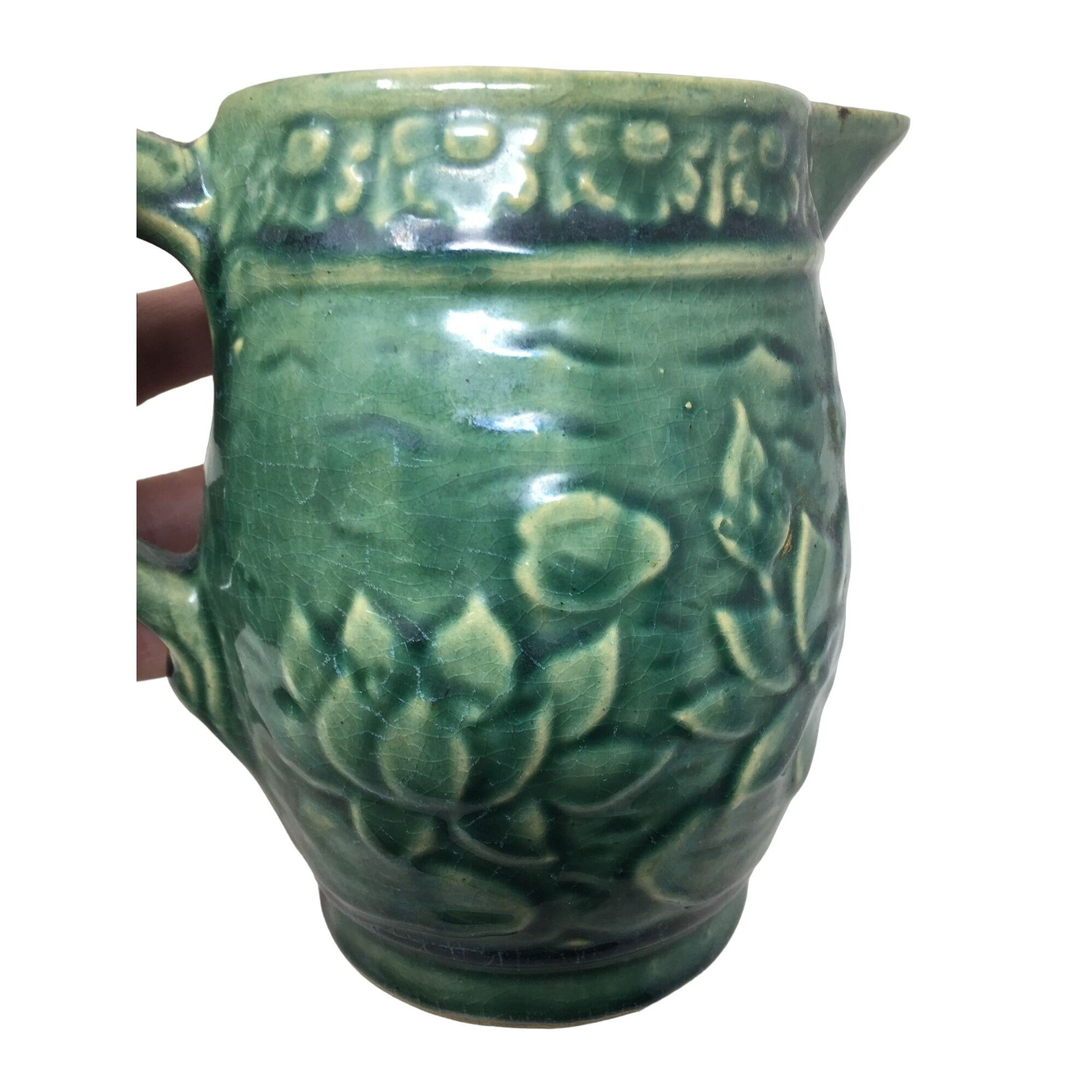 Vintage Mccoy Stoneware Pitcher Lily Pads Fish Handle Green - Etsy