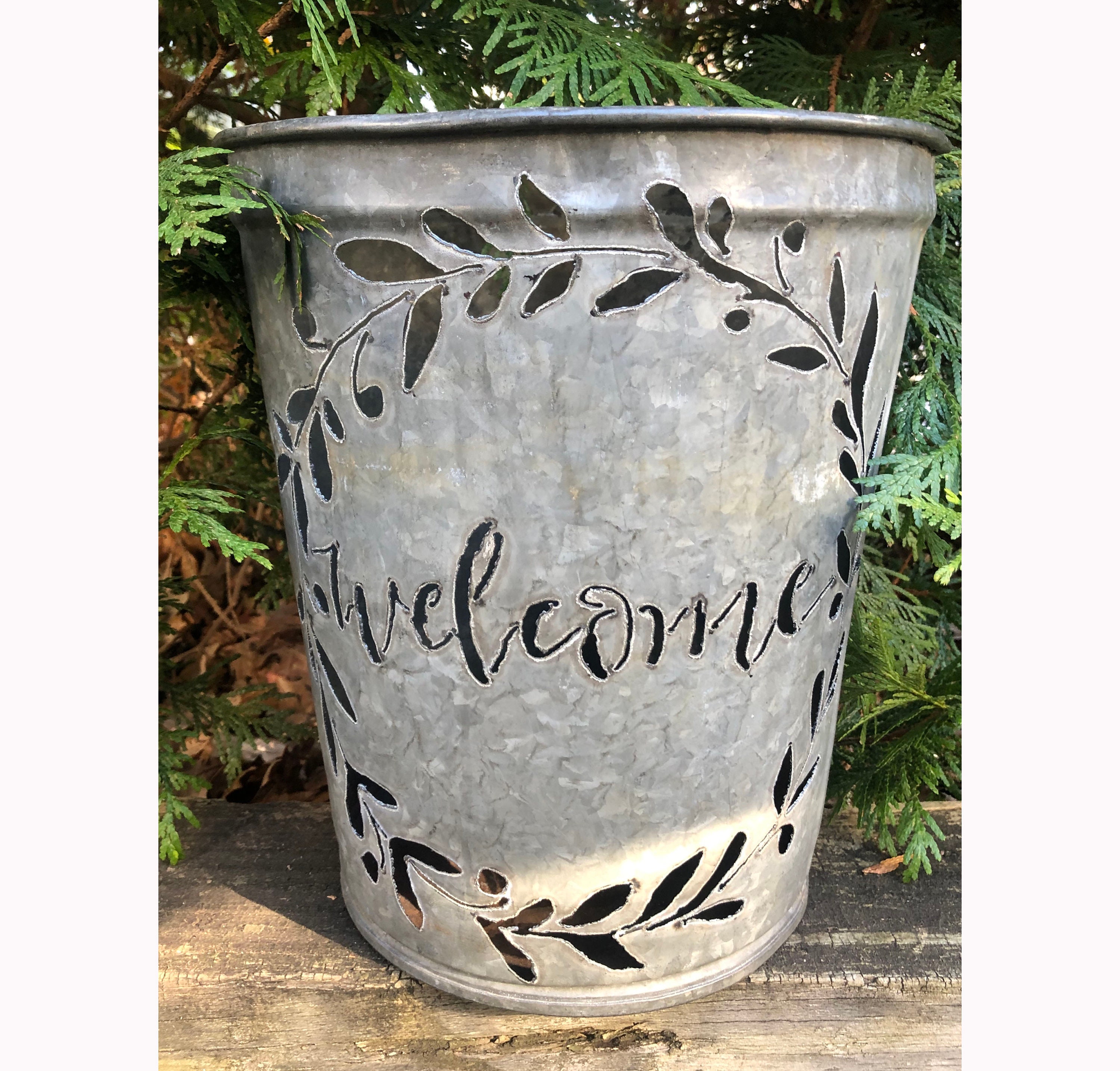 Welcome Calligraphy Laurel Wreath Hand Cut Galvanized Metal | Etsy