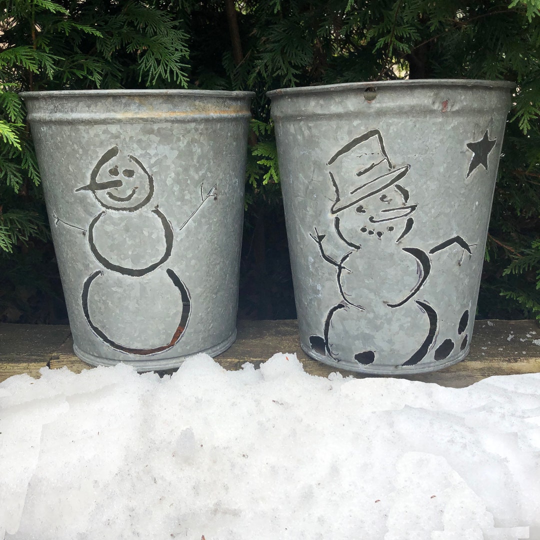 Galvanized Metal Snowman Sap Buckets Christmas Holiday Present Outdoor ...