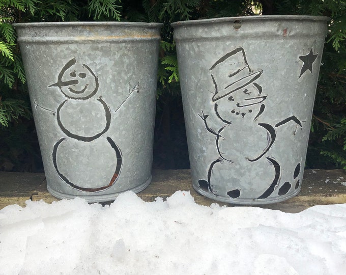 Galvanized Metal Snowman Sap Buckets Christmas Holiday Present Outdoor ...