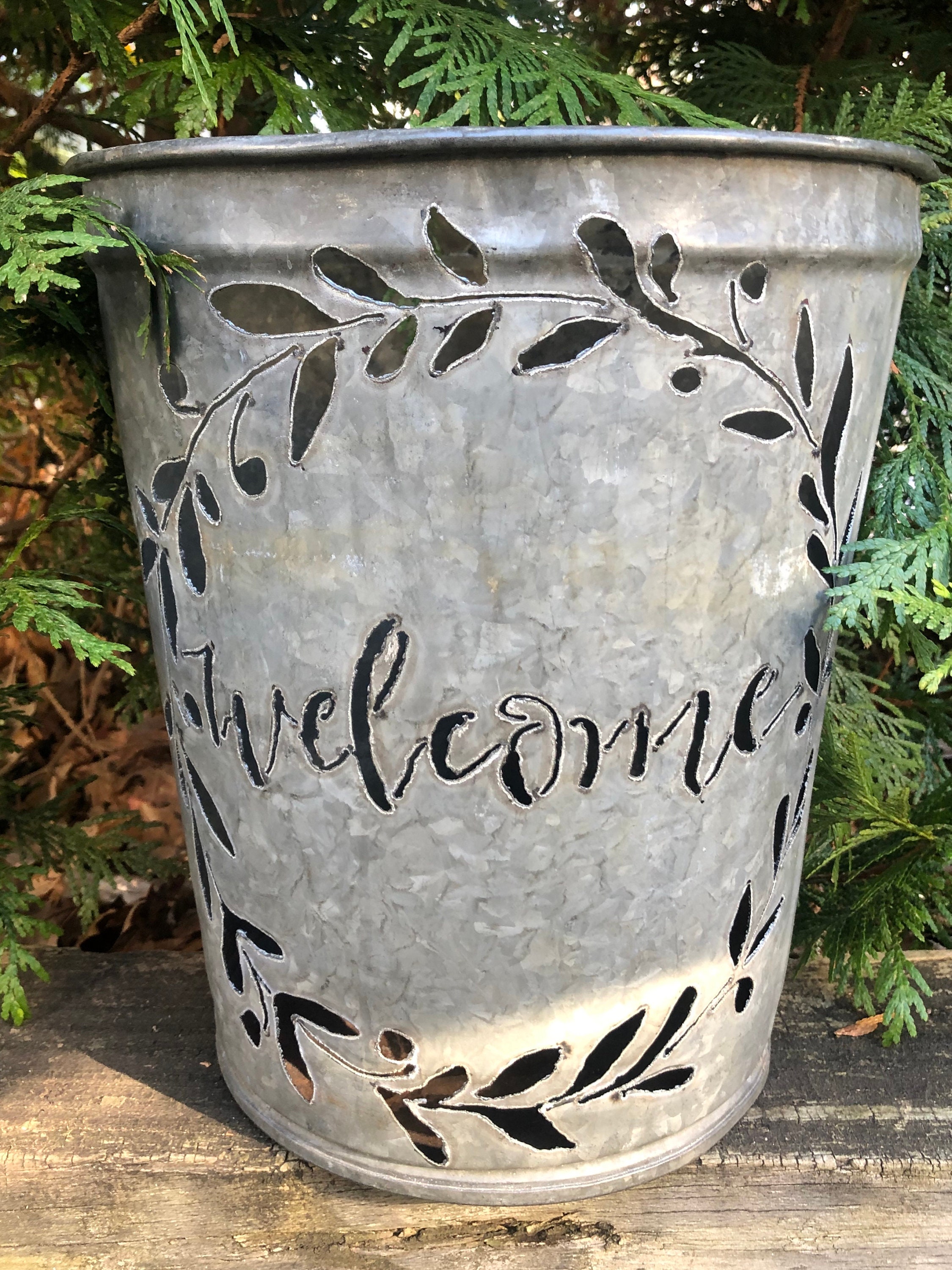 Welcome Calligraphy Laurel Wreath Hand Cut Galvanized Metal | Etsy