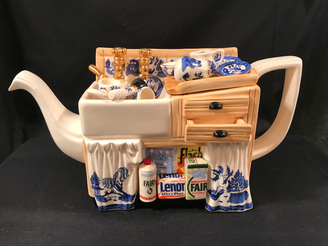 Vintage Paul Cardew BLUE WILLOW Kitchen Wash Basin Large TEAPOT New Ex ...