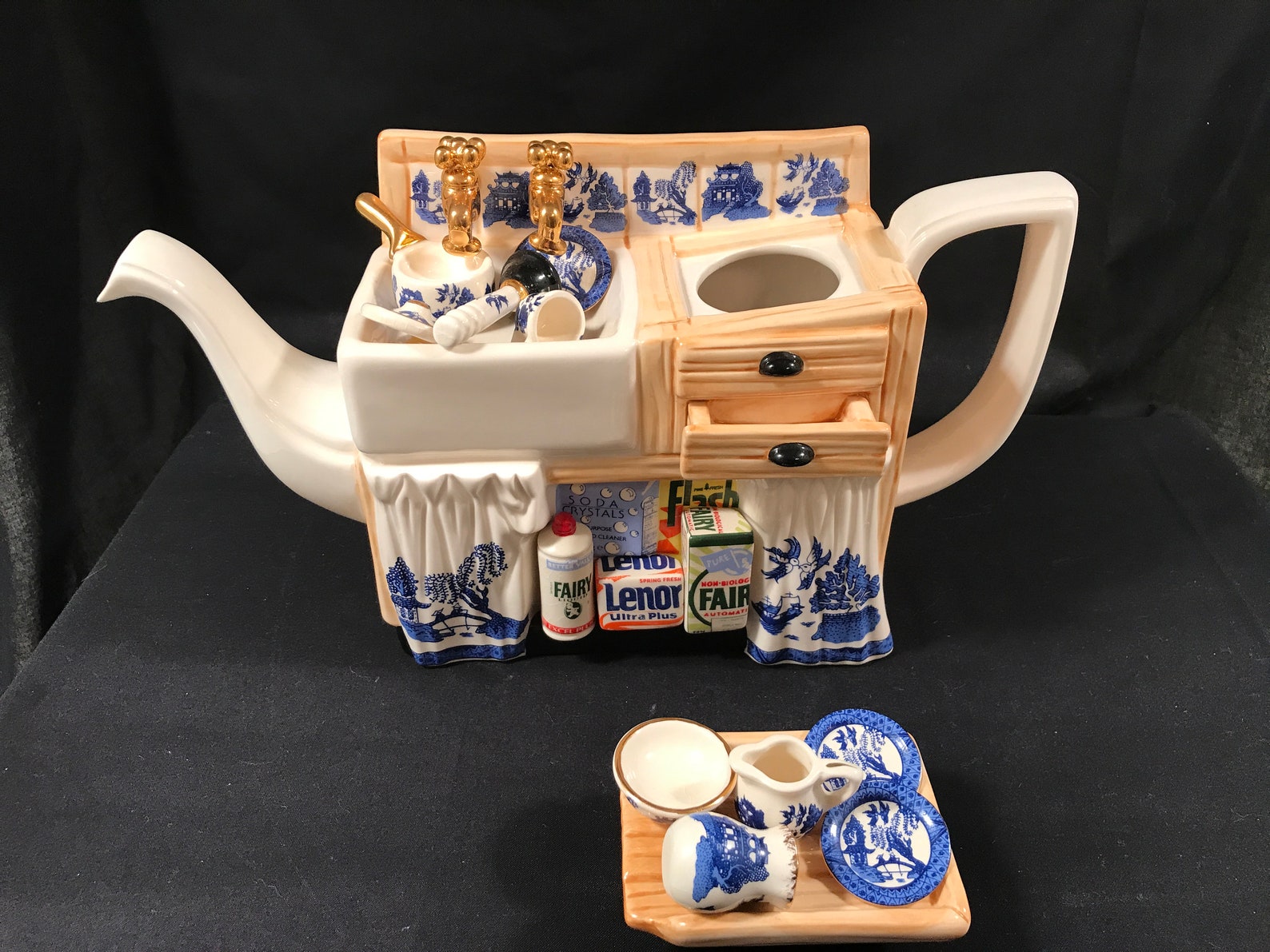 Vintage Paul Cardew BLUE WILLOW Kitchen Wash Basin Large TEAPOT New Ex ...