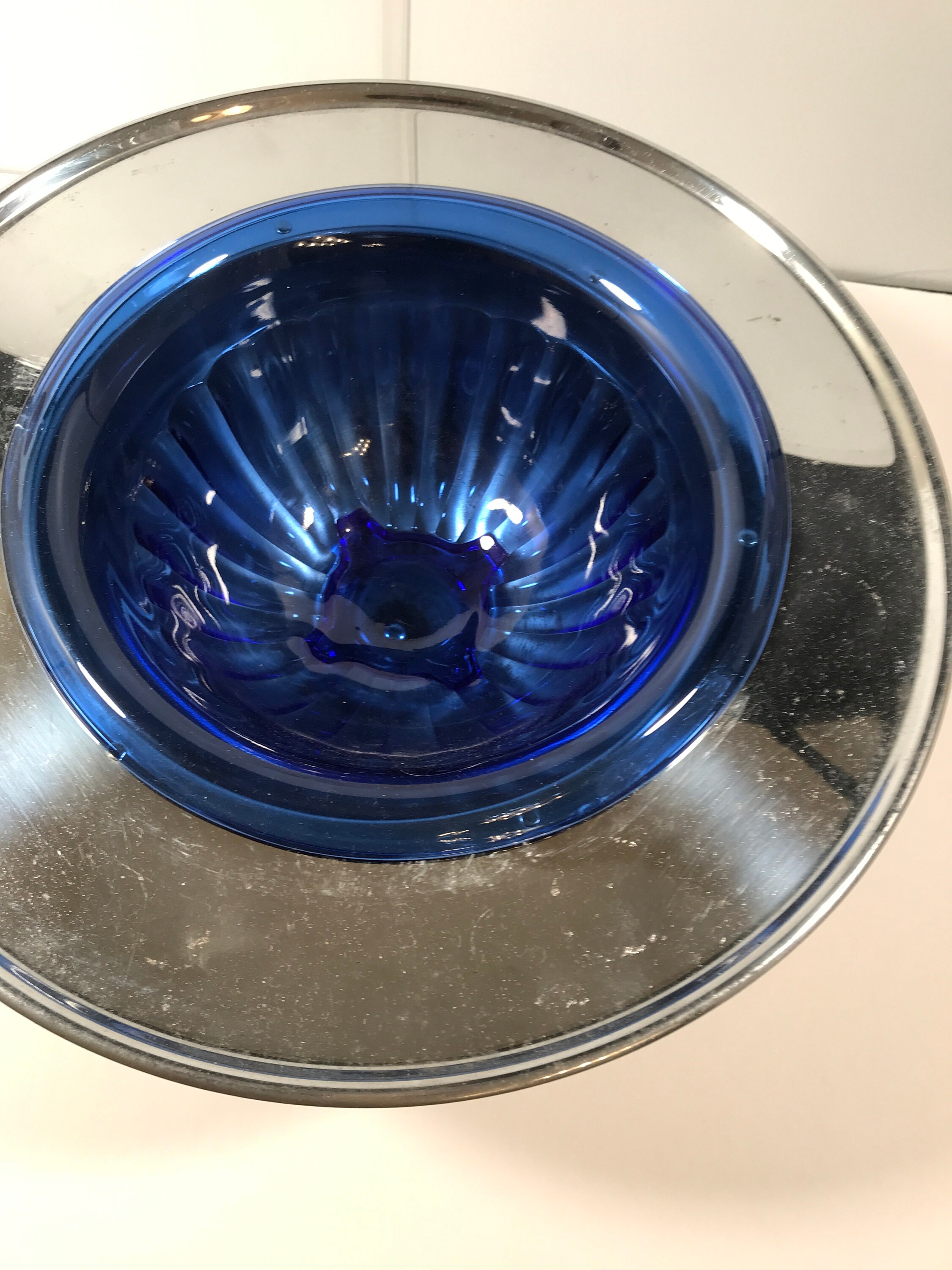 Hazel Atlas Cobalt Ritz Blue Punch Bowl Chrome Stand Art Deco Ladle MCM ...