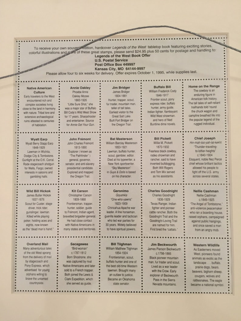 Stamp Sheet "legends of THE West" Framed and Matted, Reverse View, Mint ...