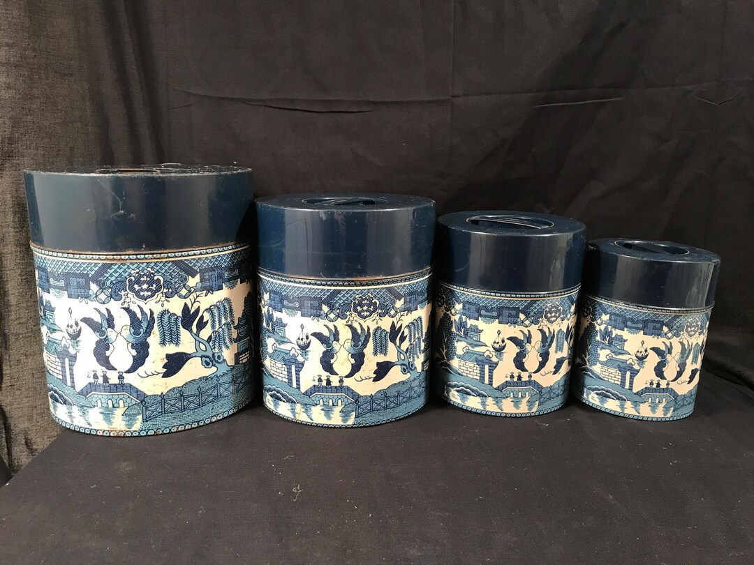 Vintage Blue Willow Canister Set 4 HH Howard Holt Japan Sugar Flour Tea ...