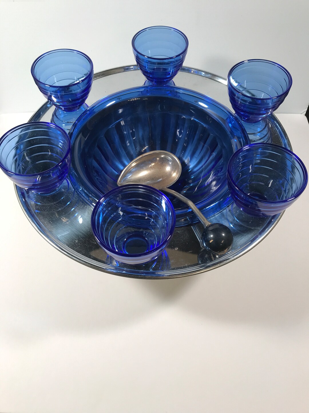 Hazel Atlas Cobalt Ritz Blue Punch Bowl Chrome Stand Art Deco Ladle MCM ...