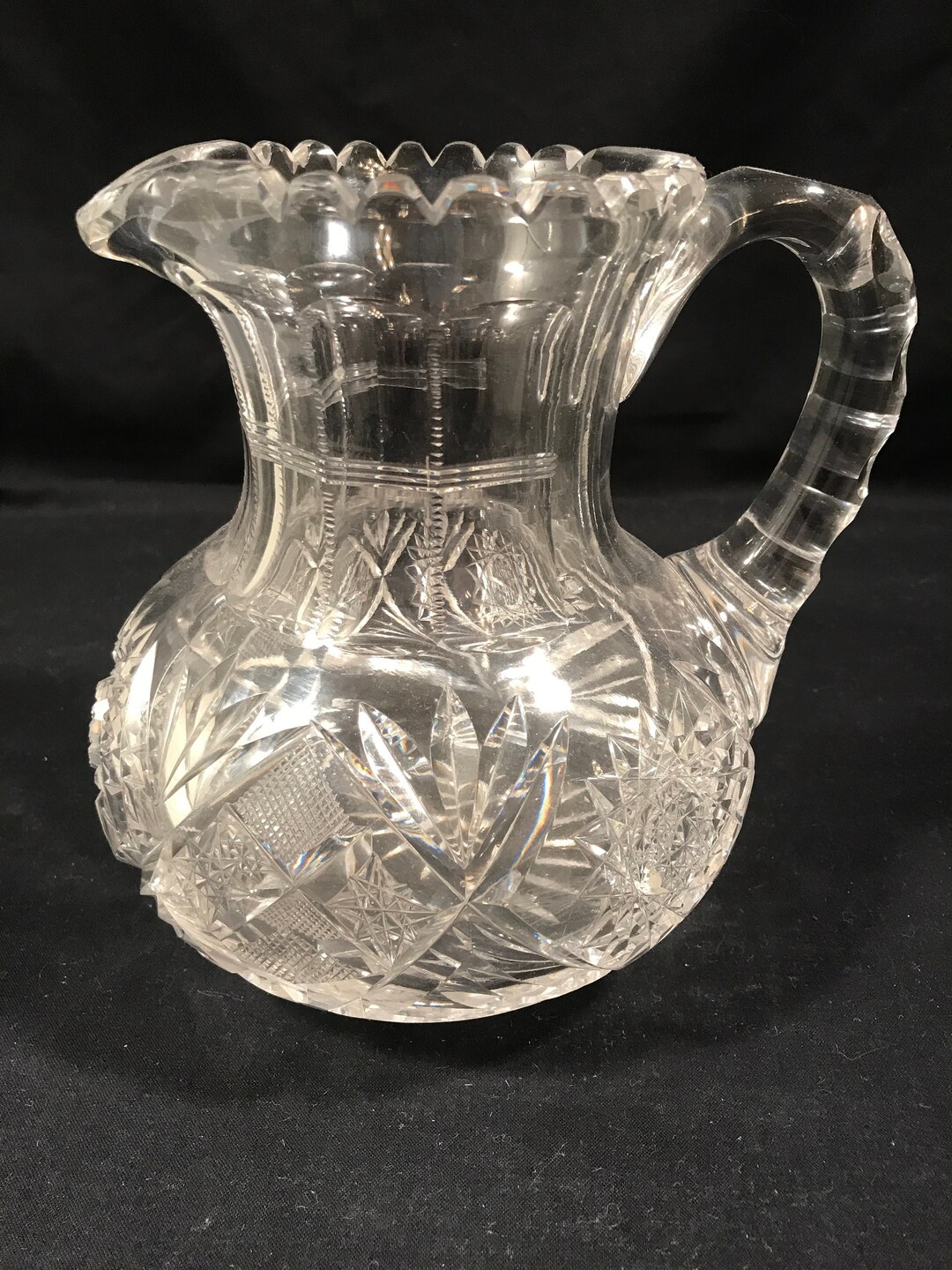 ABCG American Brilliant Cut Glass Squat Pitcher 6.5" Hobstars & Fans C ...