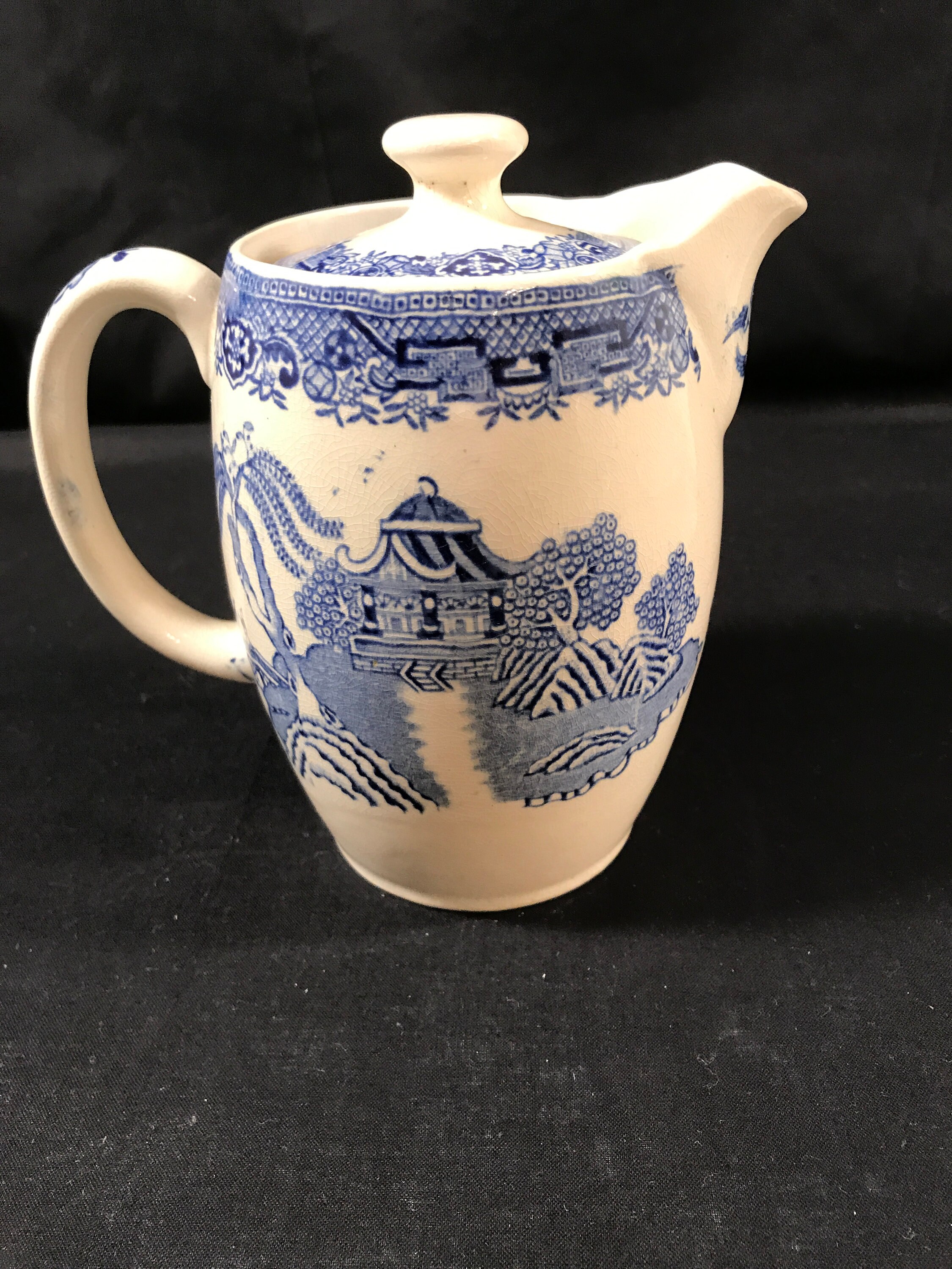Antique Blue Willow English Staffordshire Pitcher Bow Knot Mark C.1920 ...