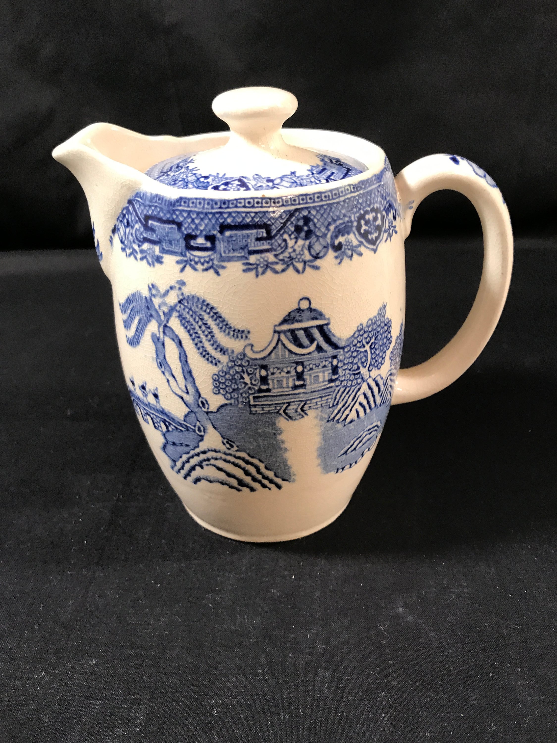 Antique Blue Willow English Staffordshire Pitcher Bow Knot Mark C.1920 ...