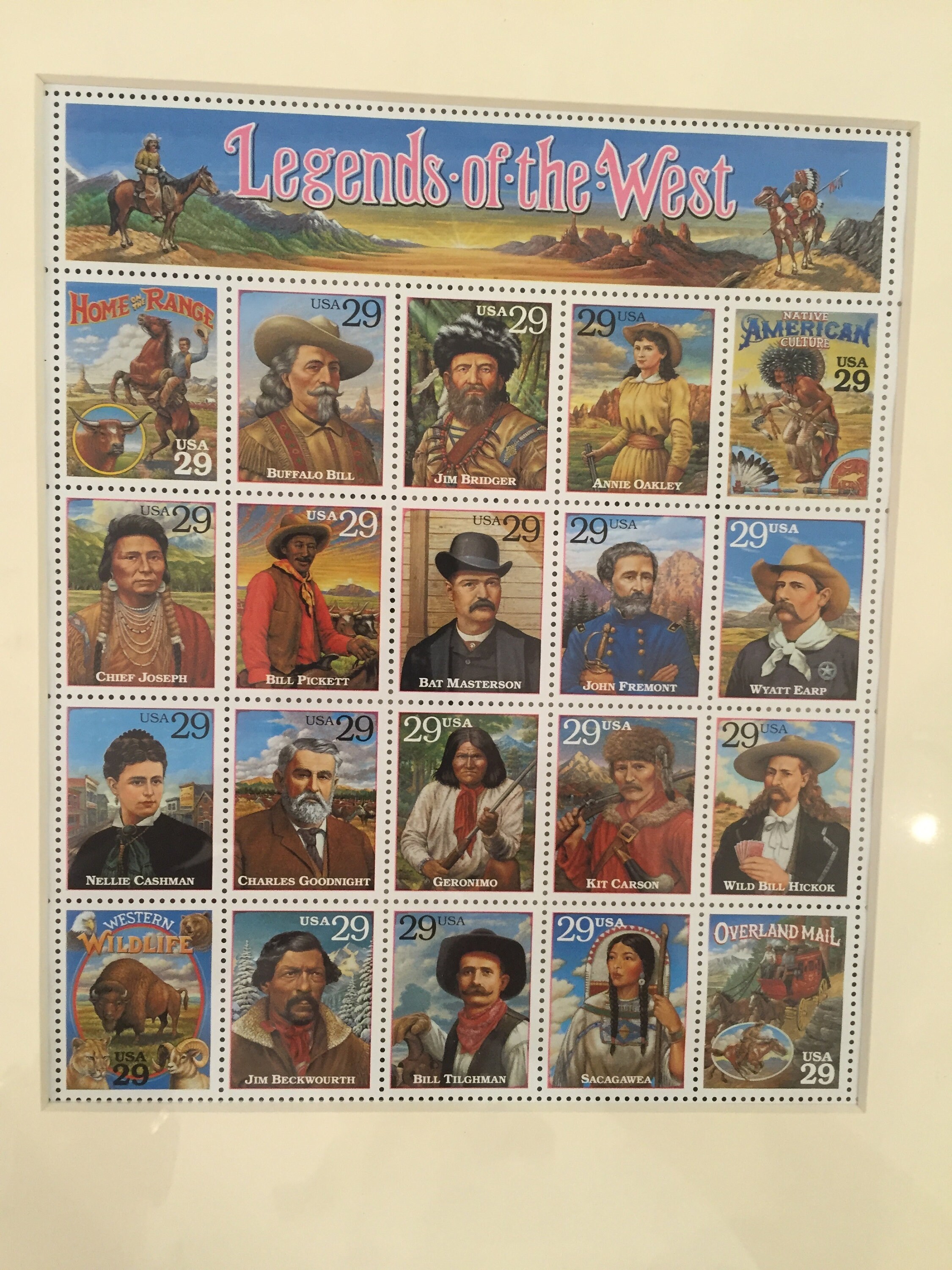 Stamp Sheet "legends of THE West" Framed and Matted, Reverse View, Mint ...