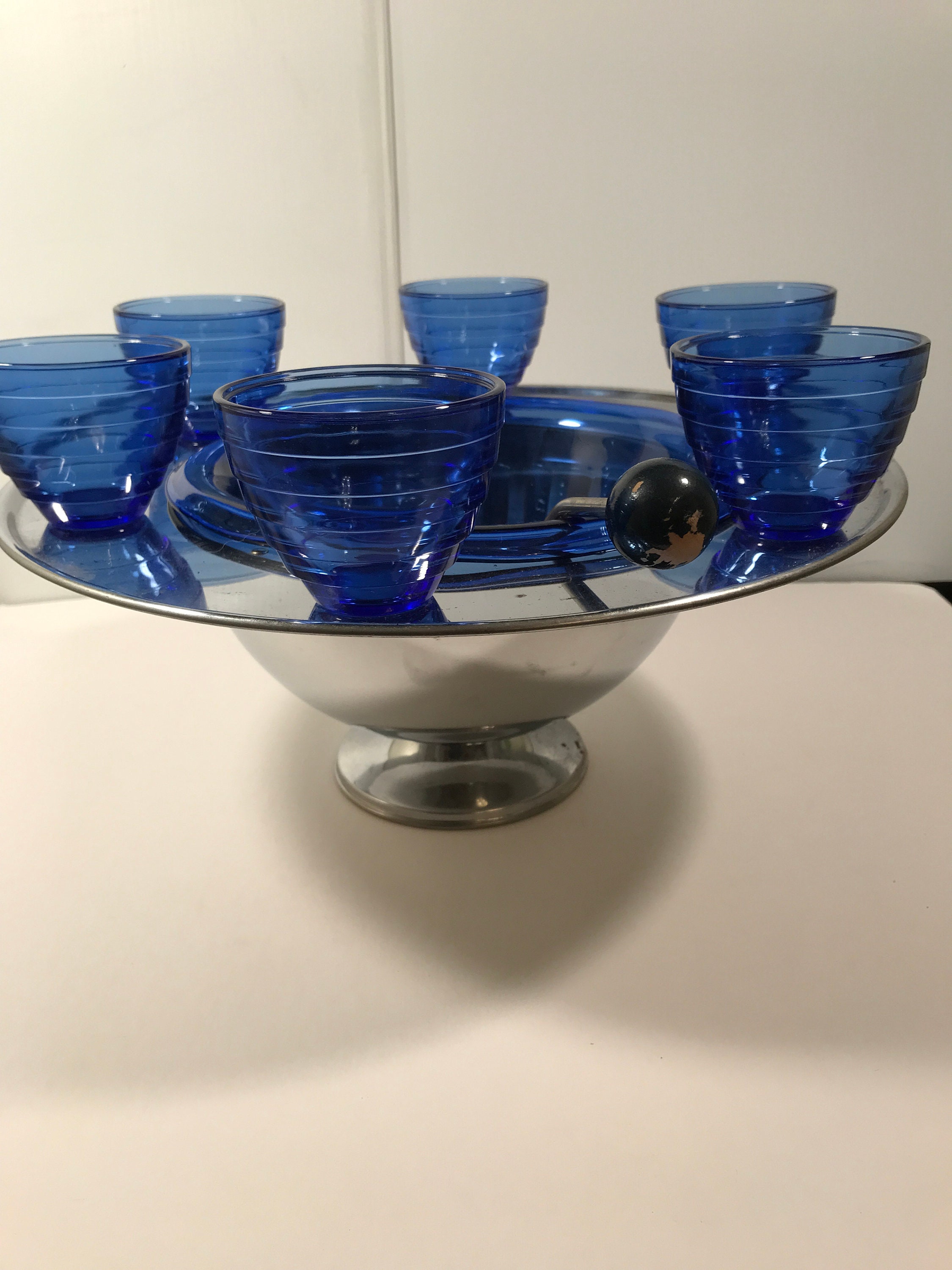 Hazel Atlas Cobalt Ritz Blue Punch Bowl Chrome Stand Art Deco Ladle MCM ...