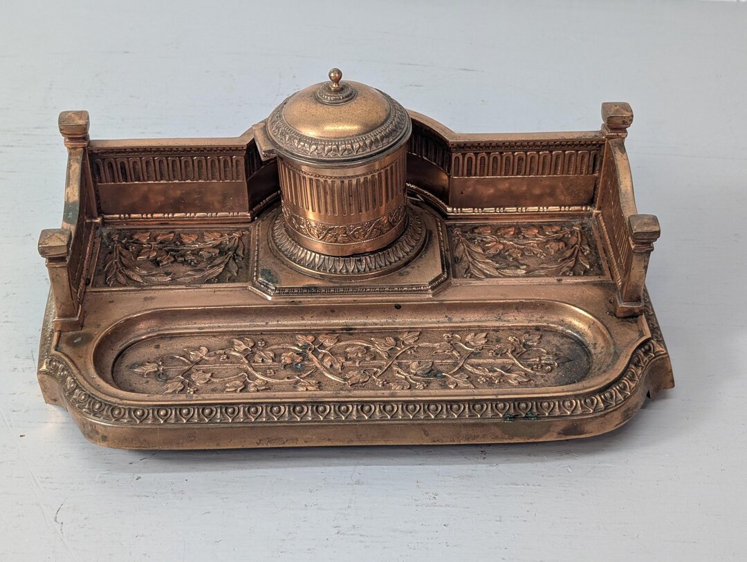 Antique Victorian Ornate Copper Inkstand Inkwell Desk Set Floral ...