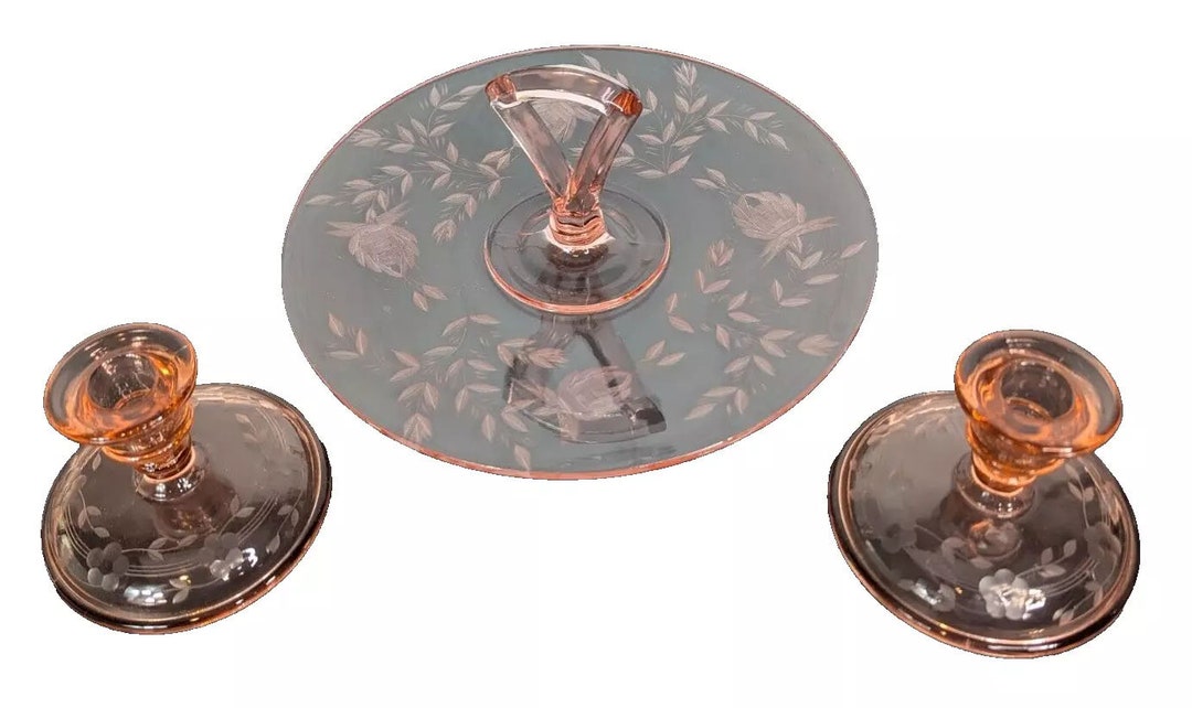 Vintage Etched Pink Impression Glass Tidbit Cake Plate & 2 Candlesticks ...