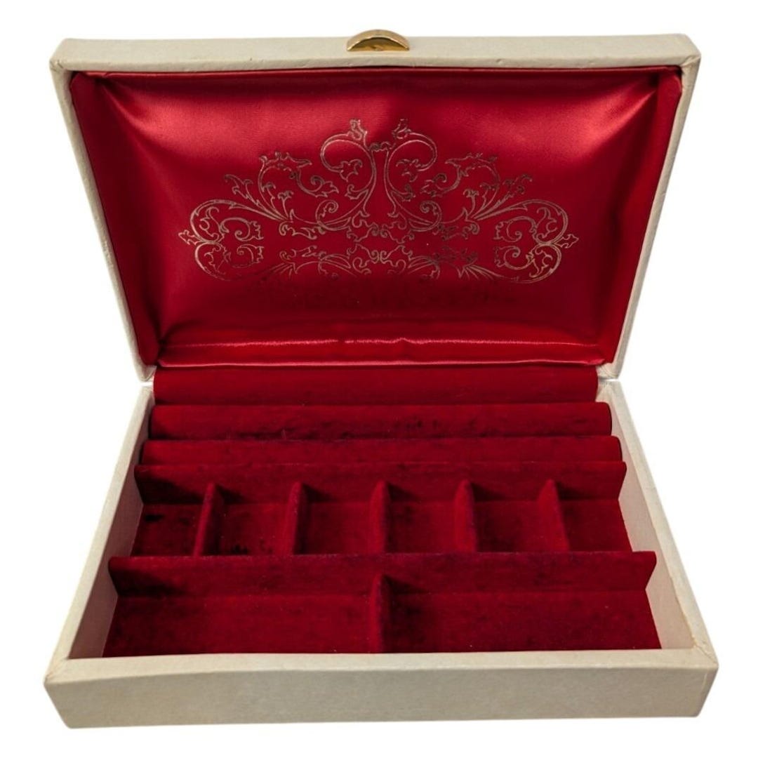 Vintage Buxton Cream Jewelry Box Red Velvet Lining Gold Trim Ornate USA ...