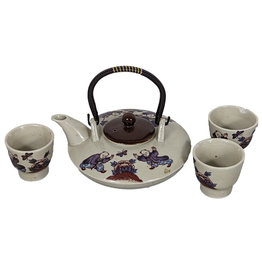 Vintage 1970's Japanese Teapot and Teacups Set Flowers Butterfly Figure ...