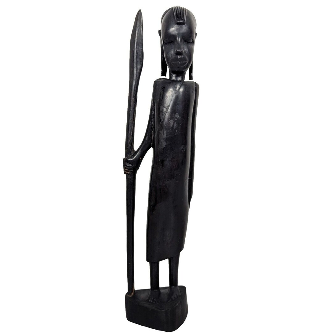 African Tribal Wood Man Folk Art Carved Ebony Statue Sculpture Warrior ...