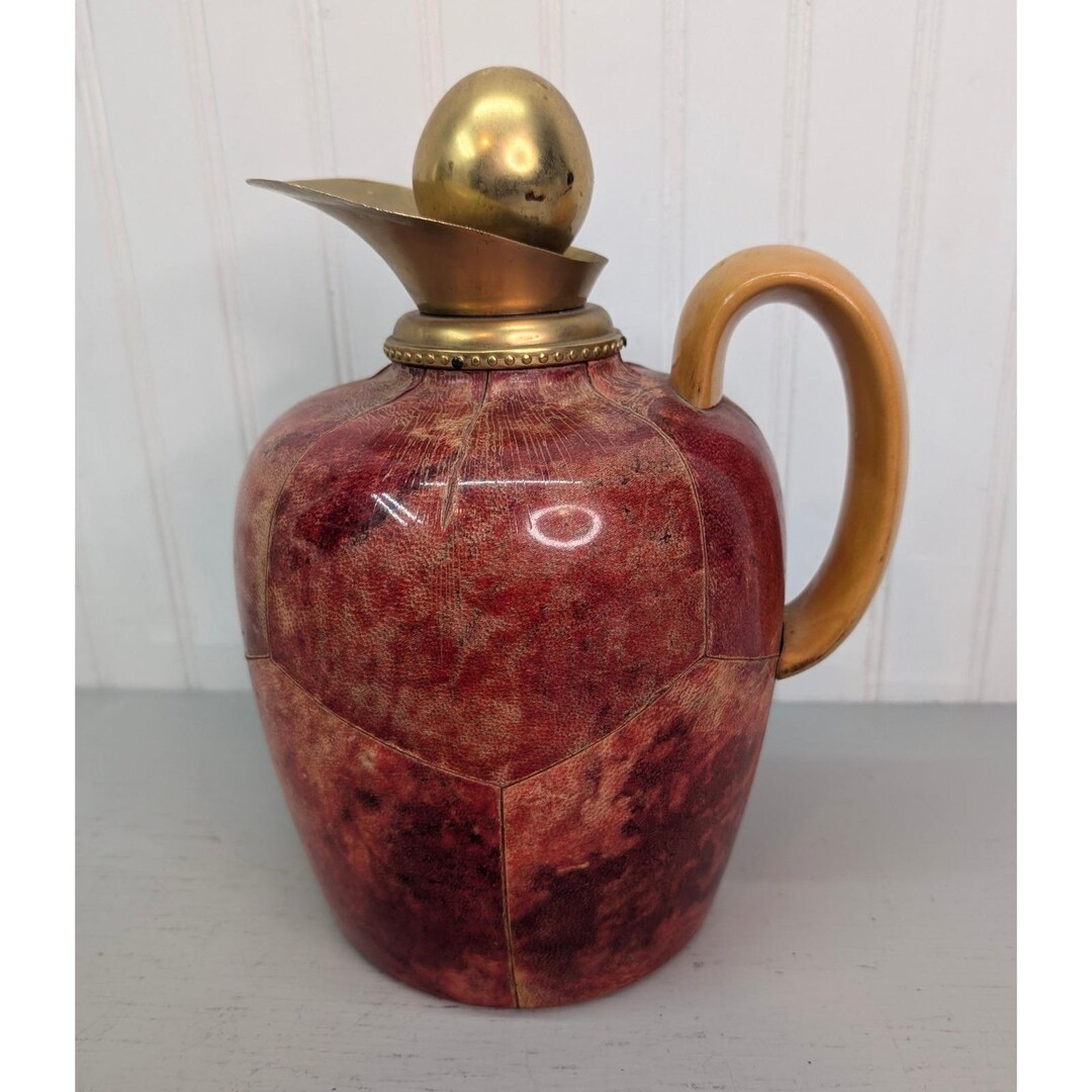 Vtg Aldo Tura? Goat Skin Decanter Pitcher Brass Spout Wood Handle ...