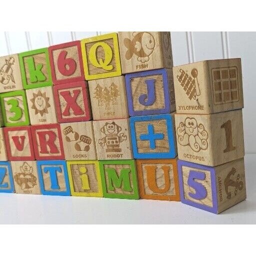 Wood Blocks Embossed Numbers, Letters, Pictures, Kids, Children Lot of ...