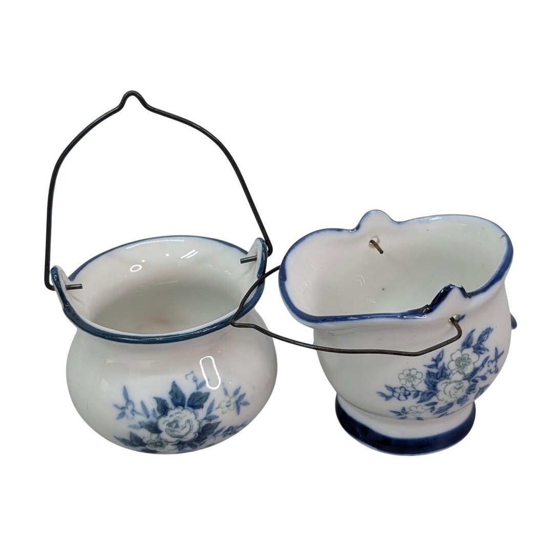 Vintage Set of 2 Miniature Blue Floral Ceramic Buckets With Wire ...