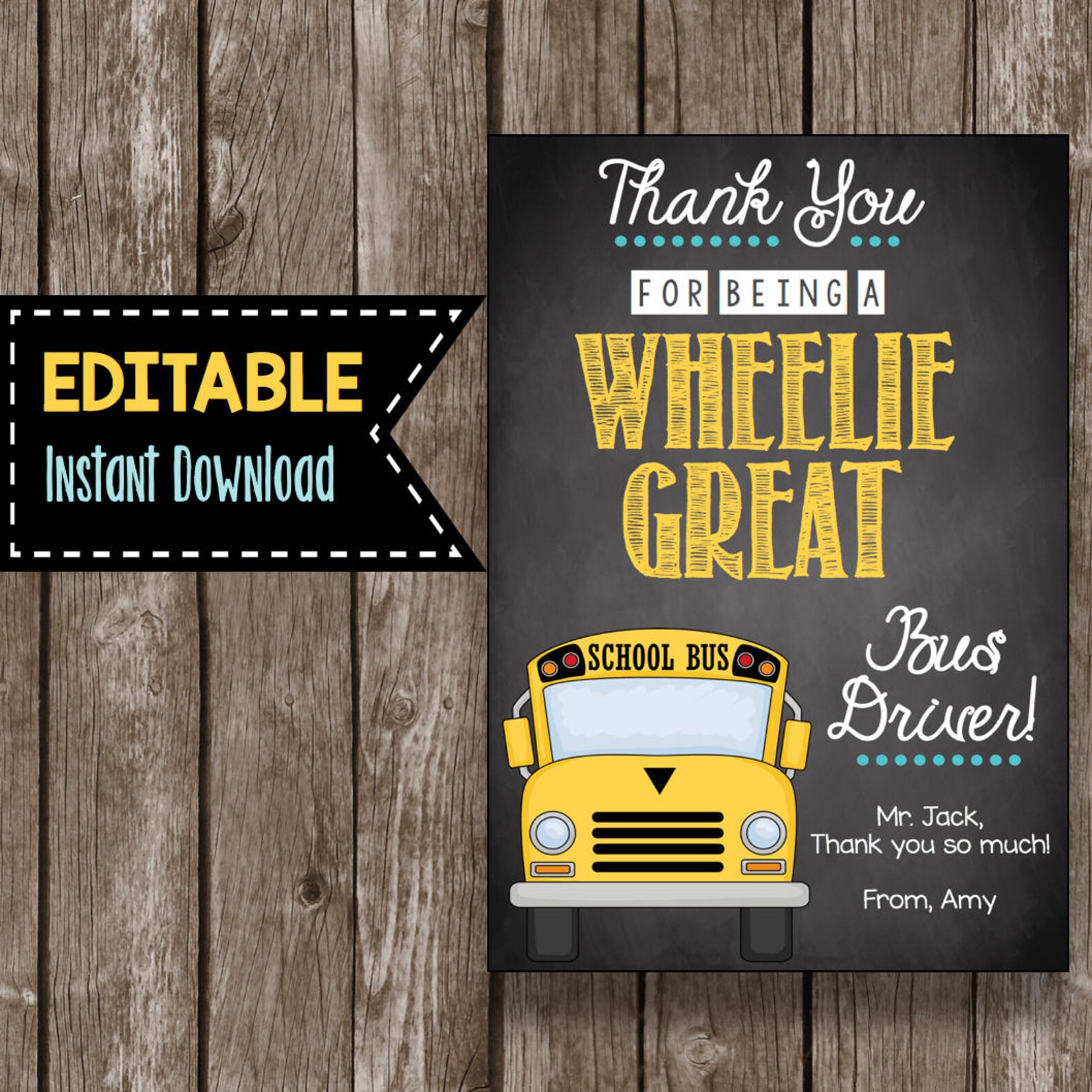 Bus Driver Card EDITABLE Printable DIY Thank You Tag | Etsy