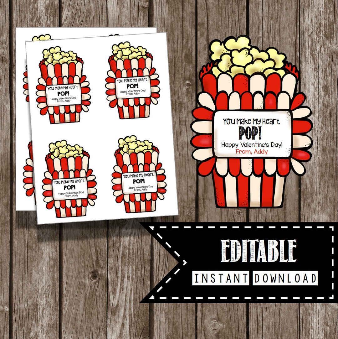 Valentine's Day Card - Popcorn - You Make My Heart POP - EDITABLE ...