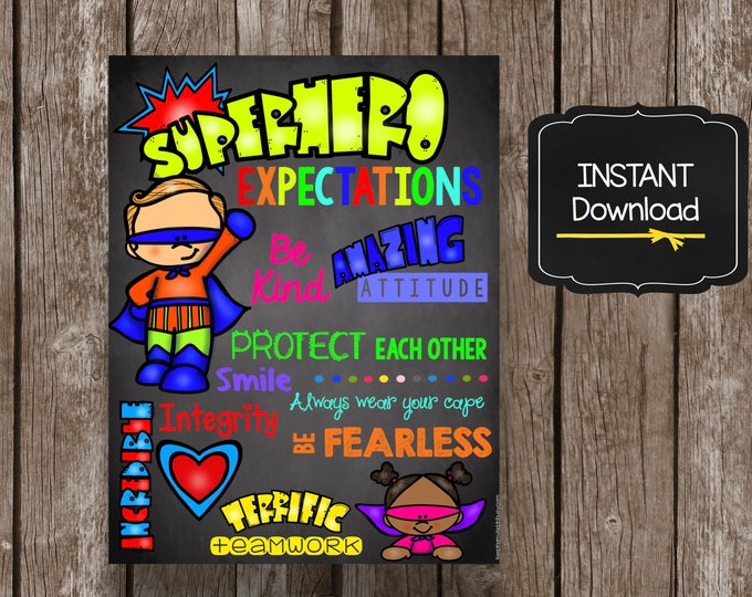 Superhero Classroom Rules Poster, PRINTABLE, INSTANT DOWNLOAD Superhero ...