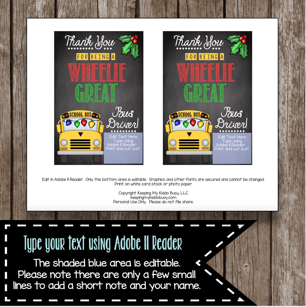 Bus Driver Card EDITABLE Printable DIY Thank You Tag | Etsy