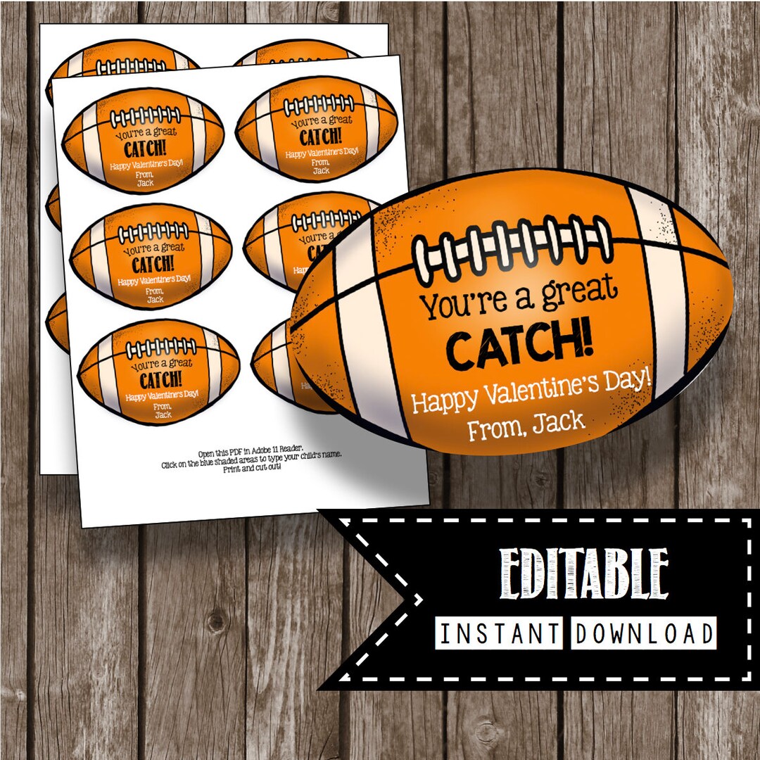 Valentine's Day Card - Football - Great Catch - Printable - Customized ...