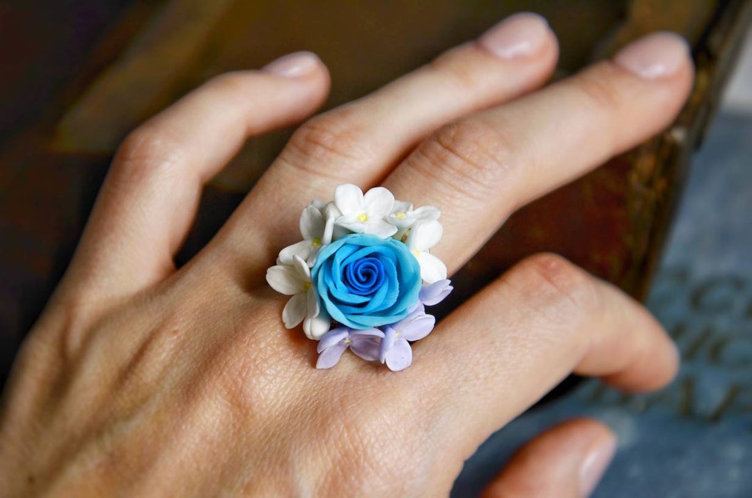 Floral Ring, Blue Rose Ring - Etsy
