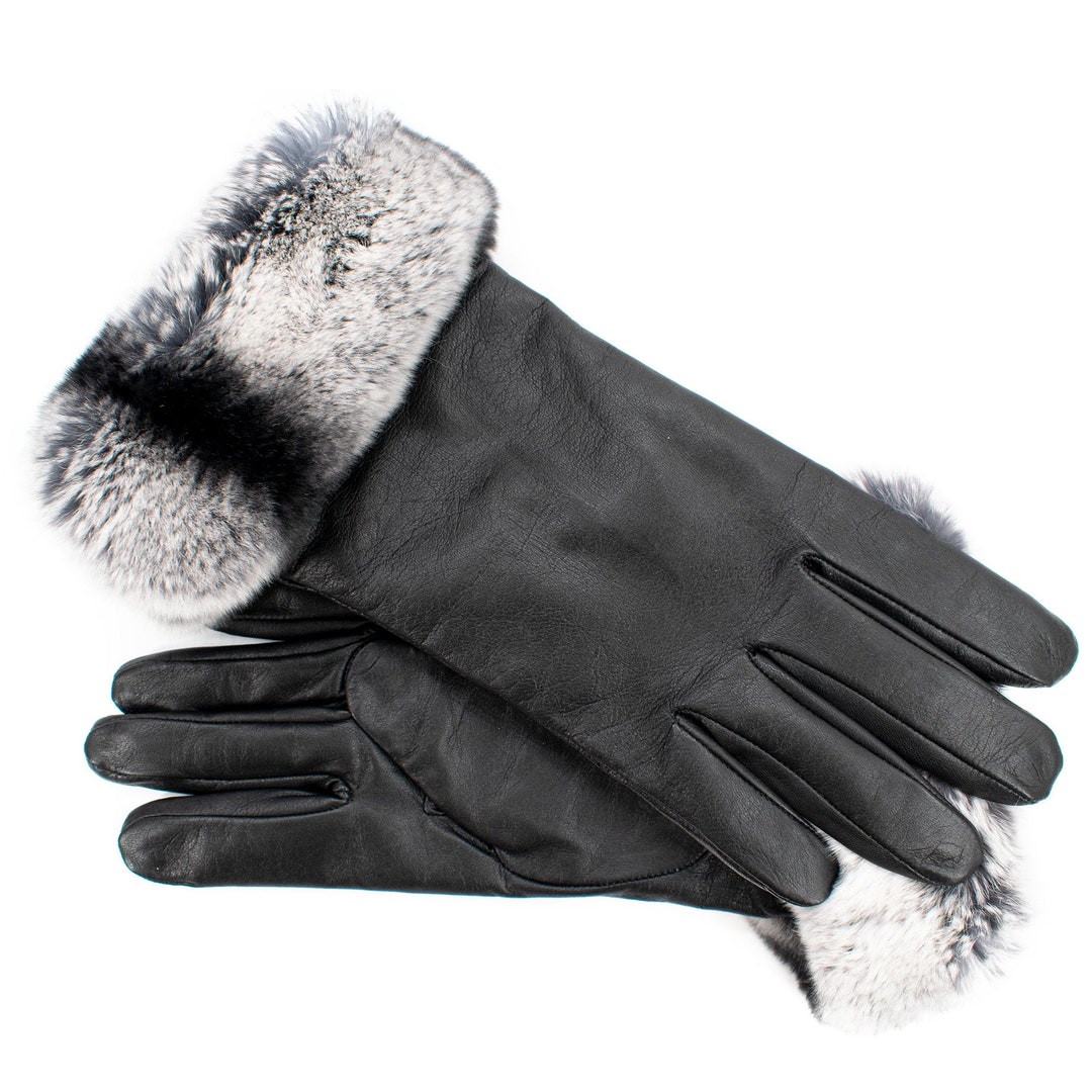 Altezzoso Scarlet Rex Rabbit Fur Mittens in Black Winter Leather Gloves ...
