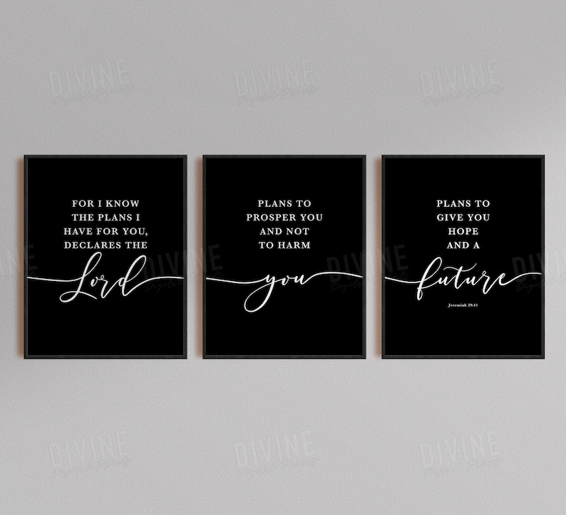 Large Black Scripture Set of 3 Prints Jeremiah 29 Bible Verse | Etsy