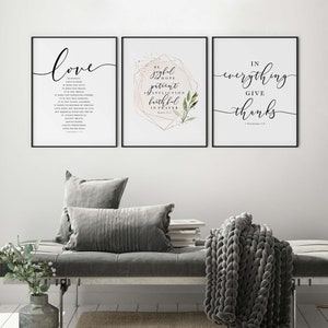 Scripture Wall Art Gallery Set of 3 Prints, Be Joyful in Hope, Love is ...