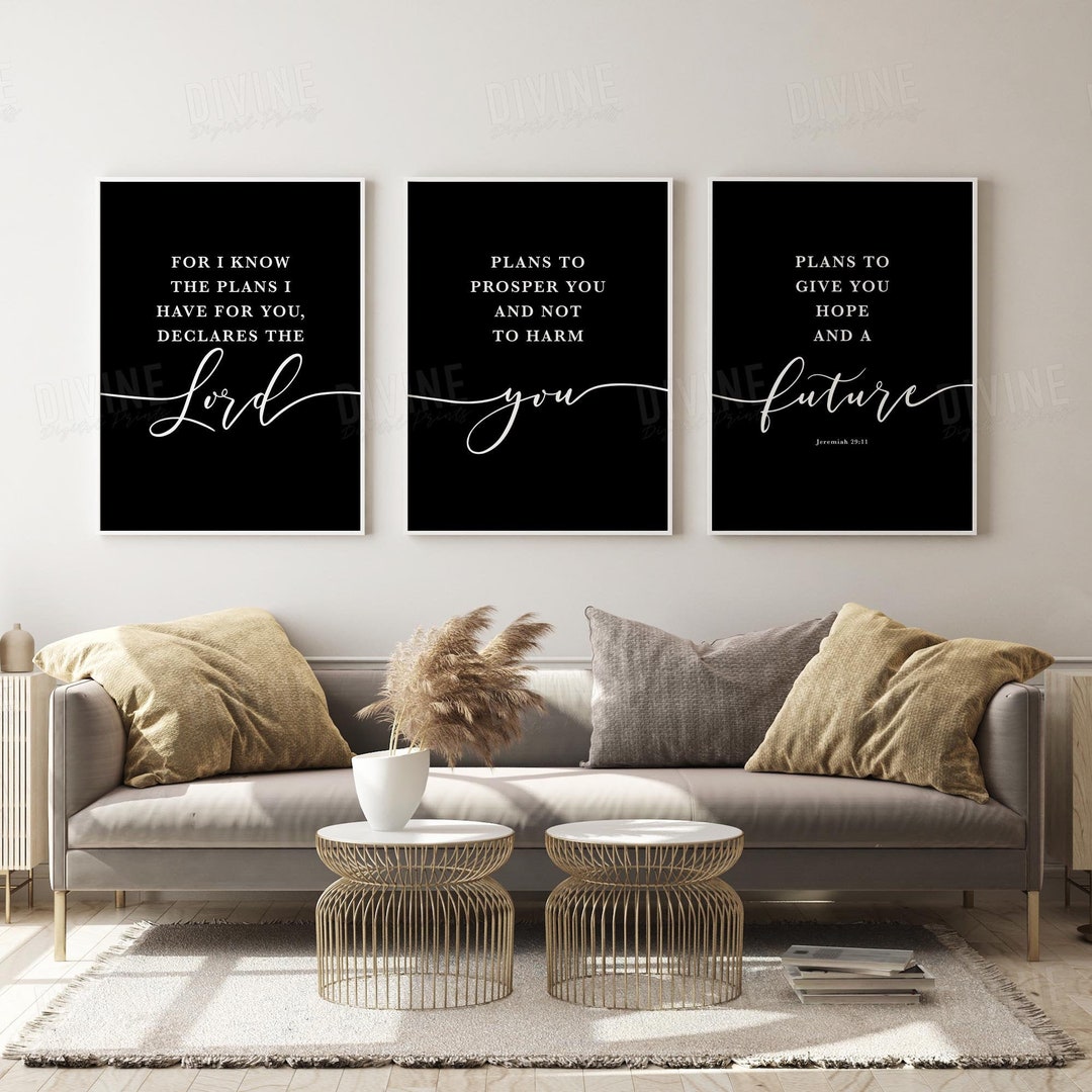 Large Black Scripture Set of 3 Prints, Jeremiah 29 Bible Verse Wall Art ...