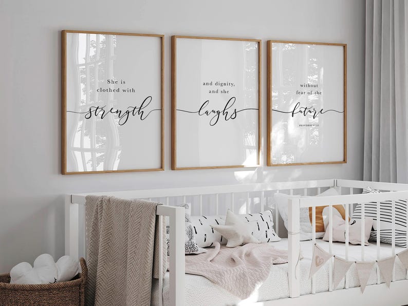 Proverbs 31:25 Bible Verse Wall Art, Christian Nursery Decor (set of 3 ...