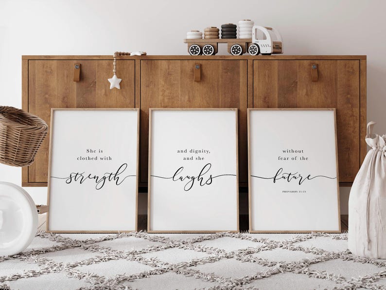 Proverbs 31:25 Bible Verse Wall Art, Christian Nursery Decor (set of 3 ...