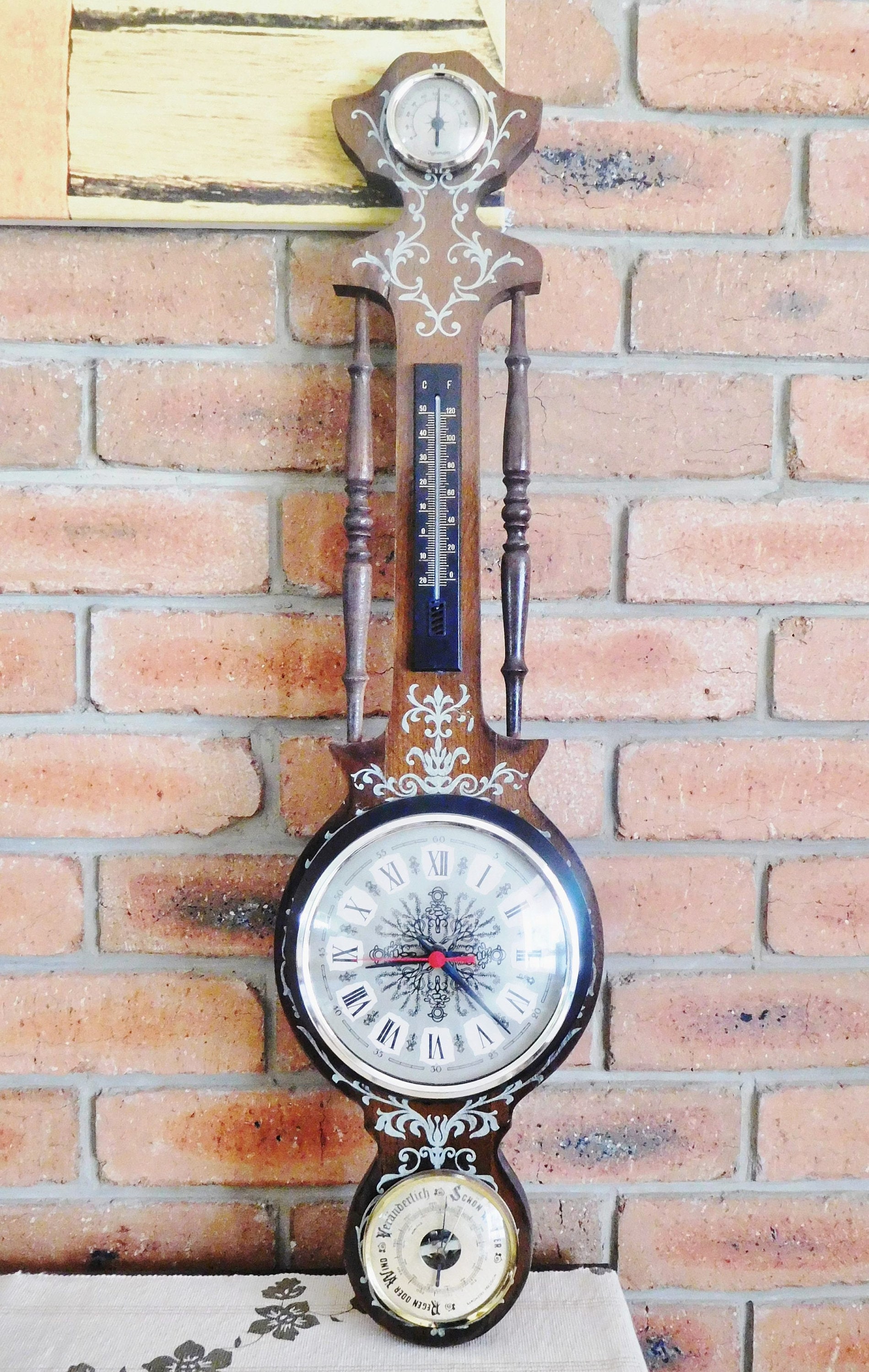 Vintage German weather station with clock, barometer, thermometer and ...