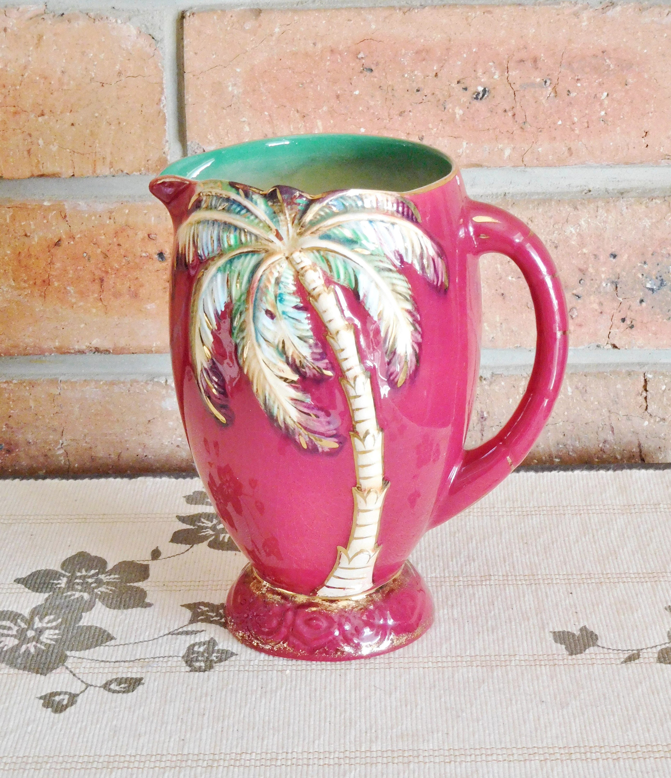 Beswick Ware England vintage 1940s deep pink palm tree jug, pitcher ...