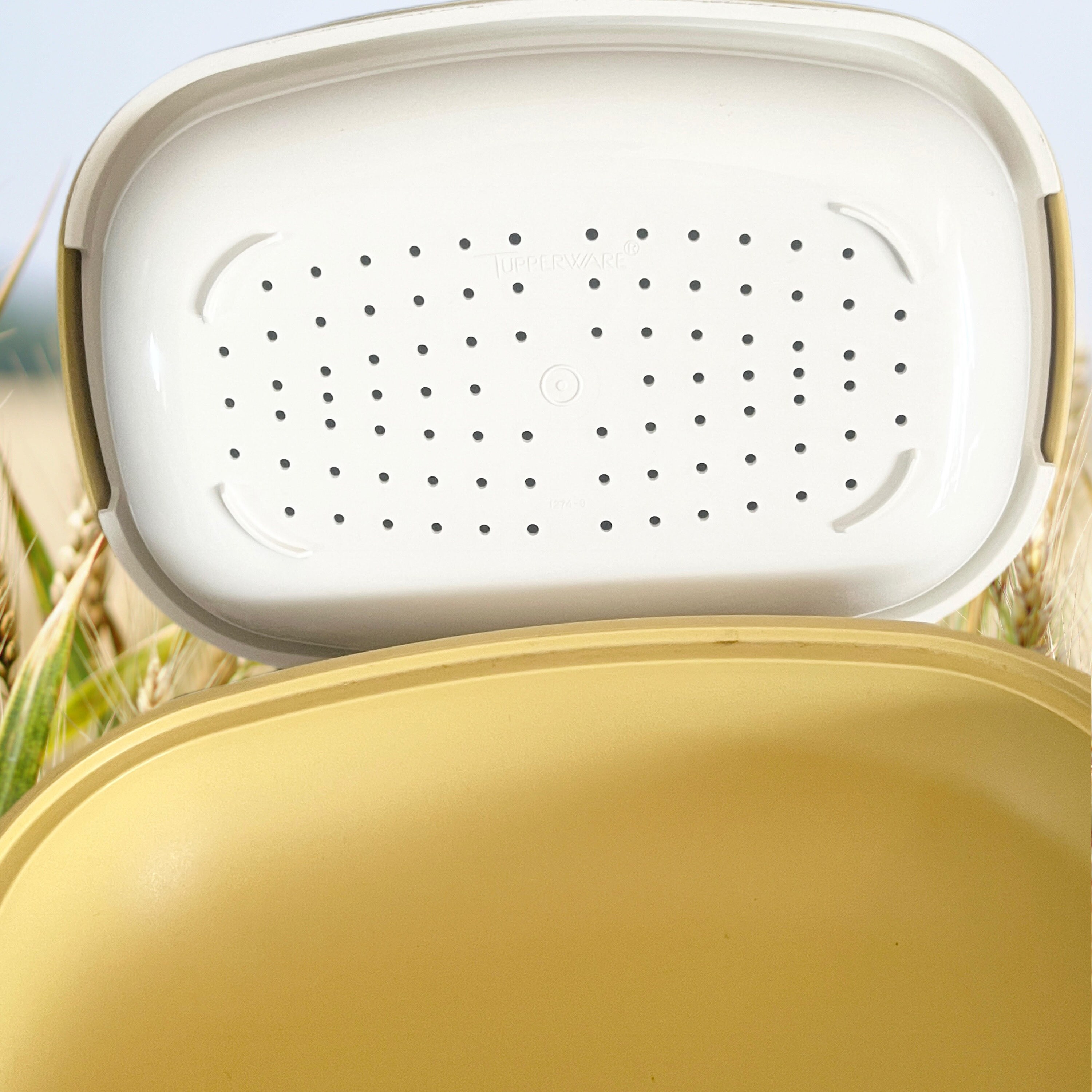 Tupperware vintage 1970s Harvest Gold divided microwave serving steamer set