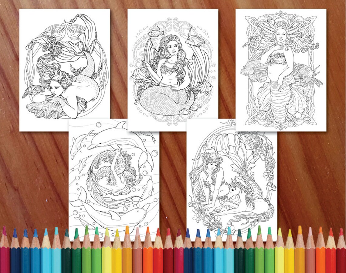 Mermaids and Animal Companions Coloring Collection Coloring Page/digi ...