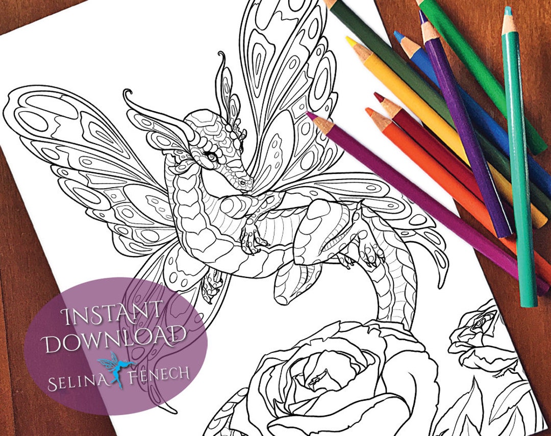 Fairy Dragon Unicorns and Dragons Coloring Page/digi Stamp Fantasy ...