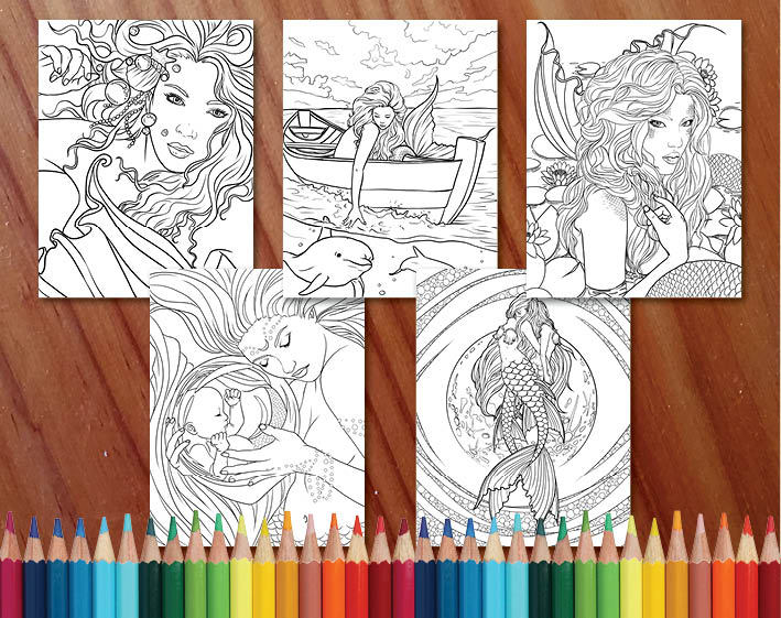 Mermaids Calm Ocean Coloring Collection Coloring Page/digi - Etsy