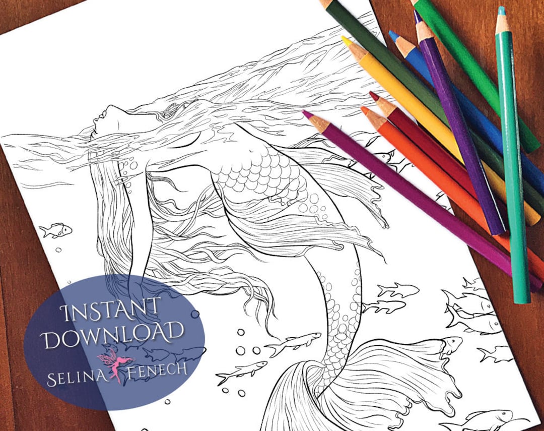 Adrift Mythical Mermaids Coloring Page/digi Stamp Fantasy Printable ...