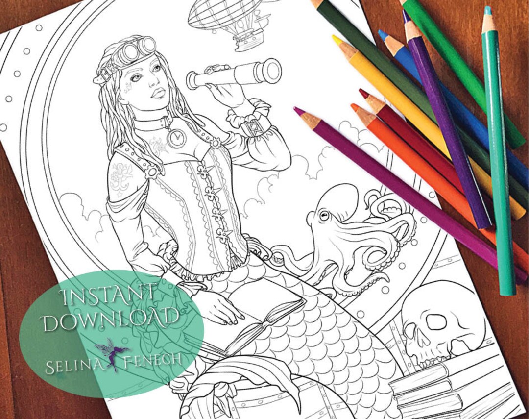 Steampunk Mermaid Mermaid Magic Fantasy Art Coloring Page/digi Stamp ...