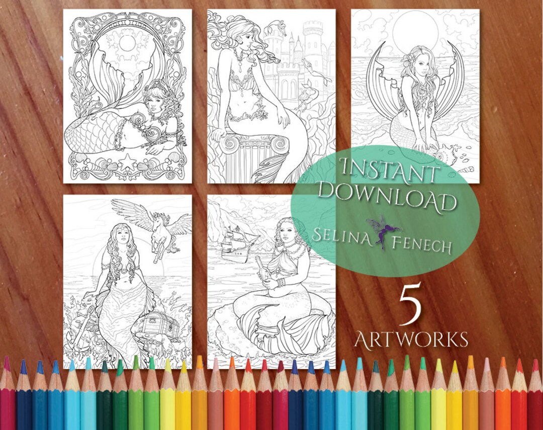 Mermaid Magic Beautiful Mermaids Coloring Page/digi Stamp Fantasy ...