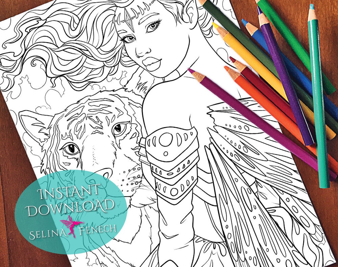 Tiger Warriors Fairy Portraits Coloring Page/digi Stamp Fantasy ...