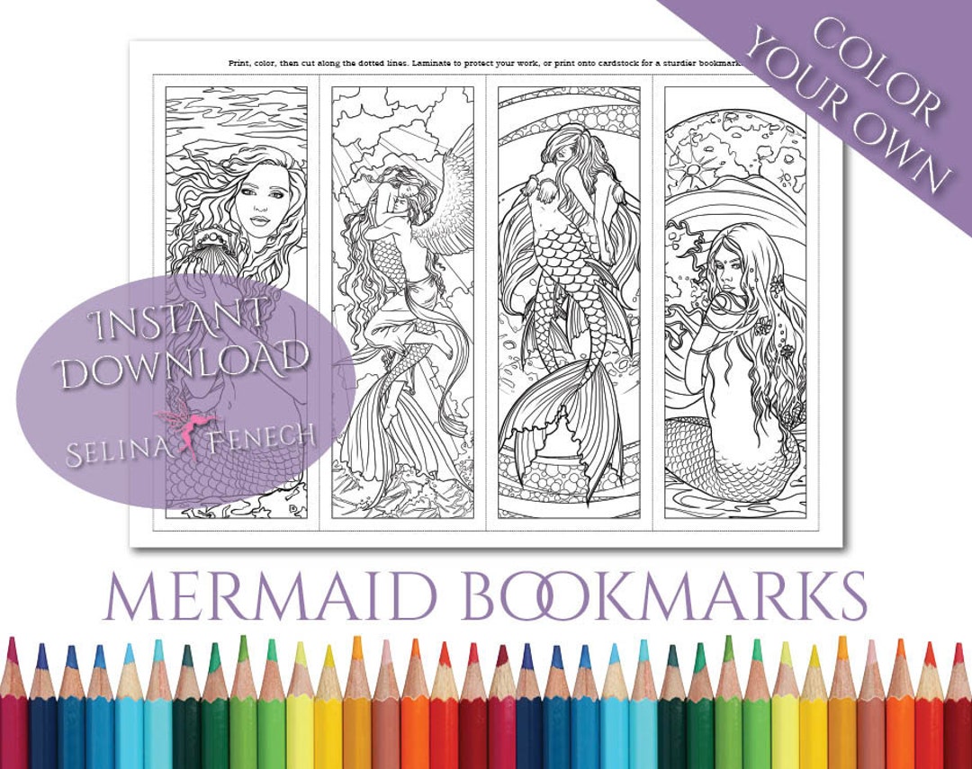 Bookmark Mermaids Calm Ocean Coloring Page/digi Stamp Fantasy Printable ...