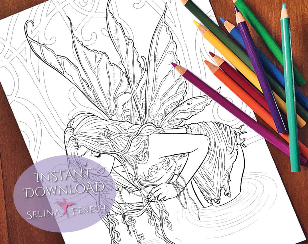 Fishing for Riddles Fairy Magic Coloring Page/digi Stamp Fantasy ...