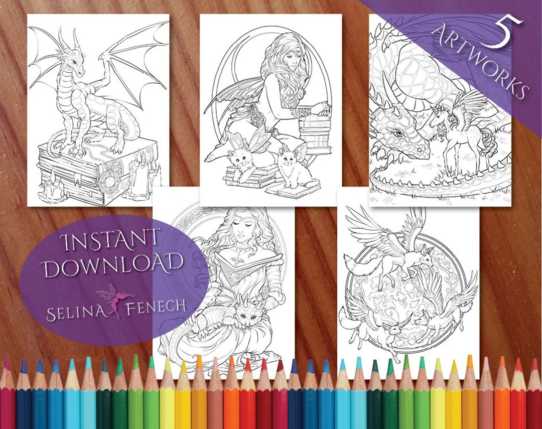 Books Dragons and Winged Magic Coloring Page/digi Stamp Fantasy ...
